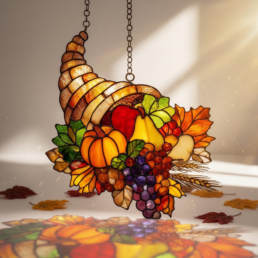 Resin Cornucopia Suncatcher, Faux Stained Glass, Autumn Window Hanging ...