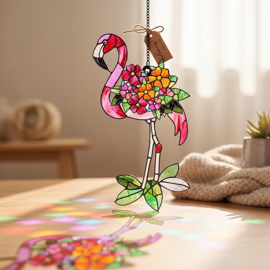 Vibrant Flamingo Resin Window Art Suncatcher Floral Bouquet Tropical ...