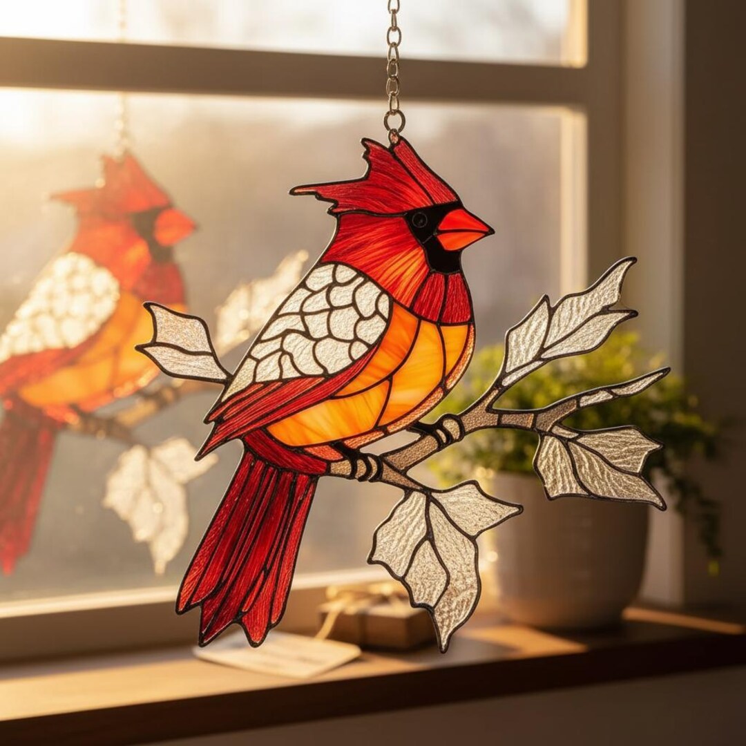 Stunning Red Cardinal Resin Suncatcher, Faux Stained Glass Bird Window ...