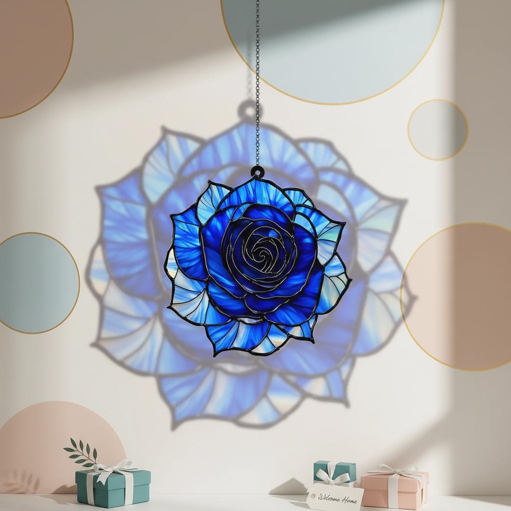 Blue Rose Resin Suncatcher, Faux Stained Glass Window, Hanging Floral ...