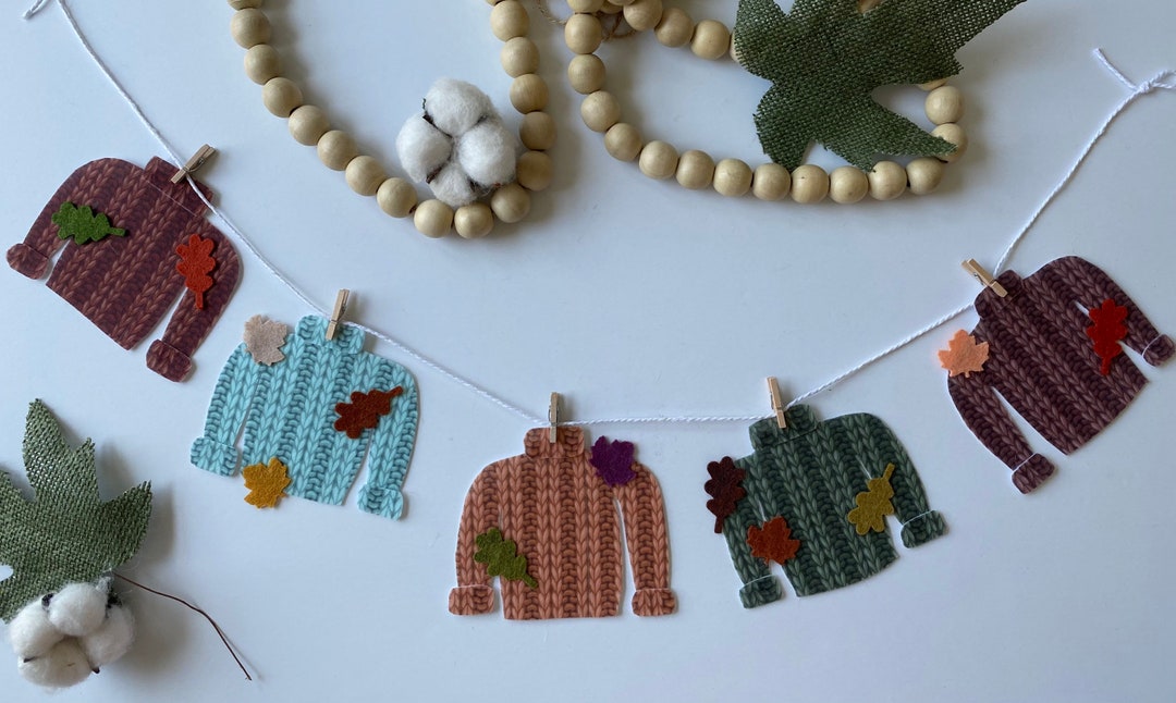 Fall Felt Faux Knitted Sweater Banner With Leaves Autumn Miniature ...