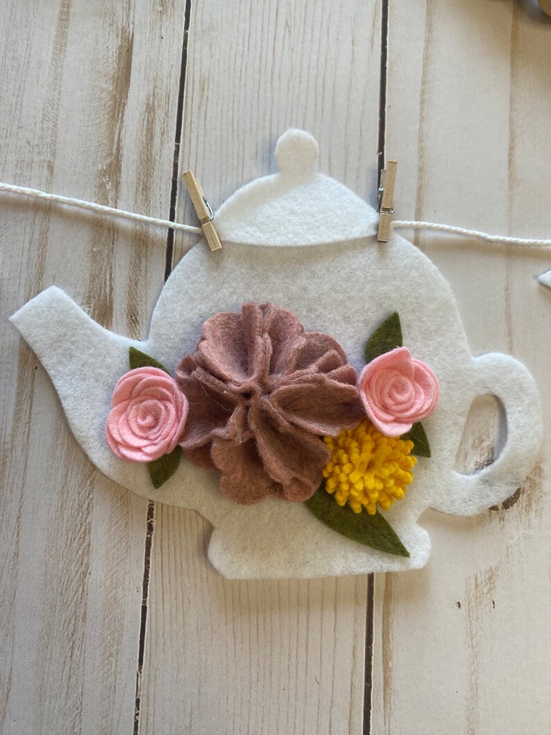 Tea Set Banner, Felt Flower Teapot Garland, With Sugar Bowl & Pitcher ...