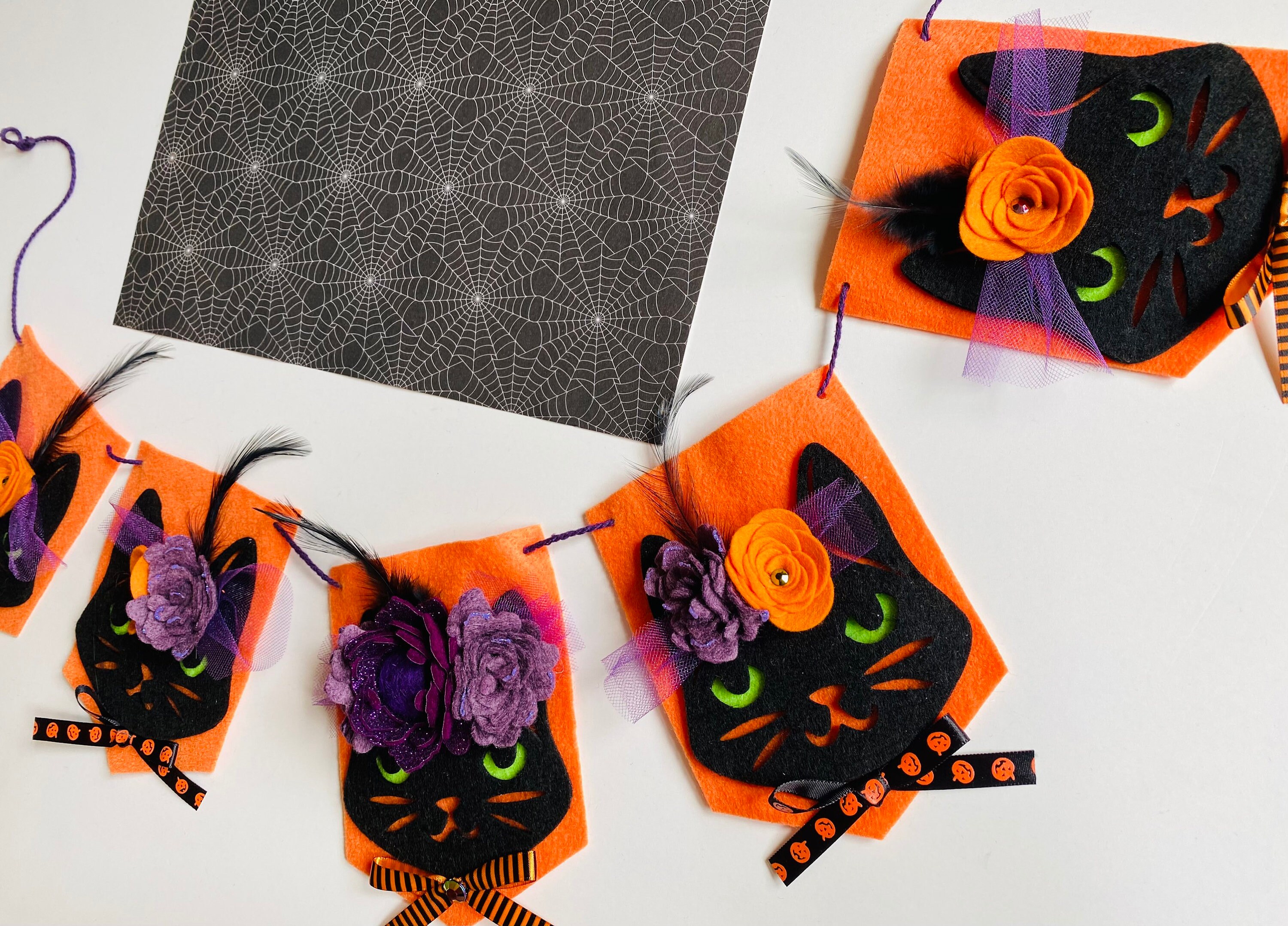 Halloween Cat Flag Pennant Banner With Felt Flowers Garland Bunting ...