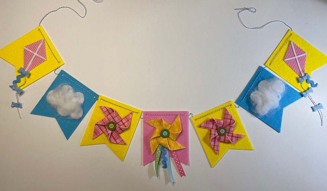 Windy Spring Kite and Pinwheel Felt Banner Garland Bunting Wall Hanging ...