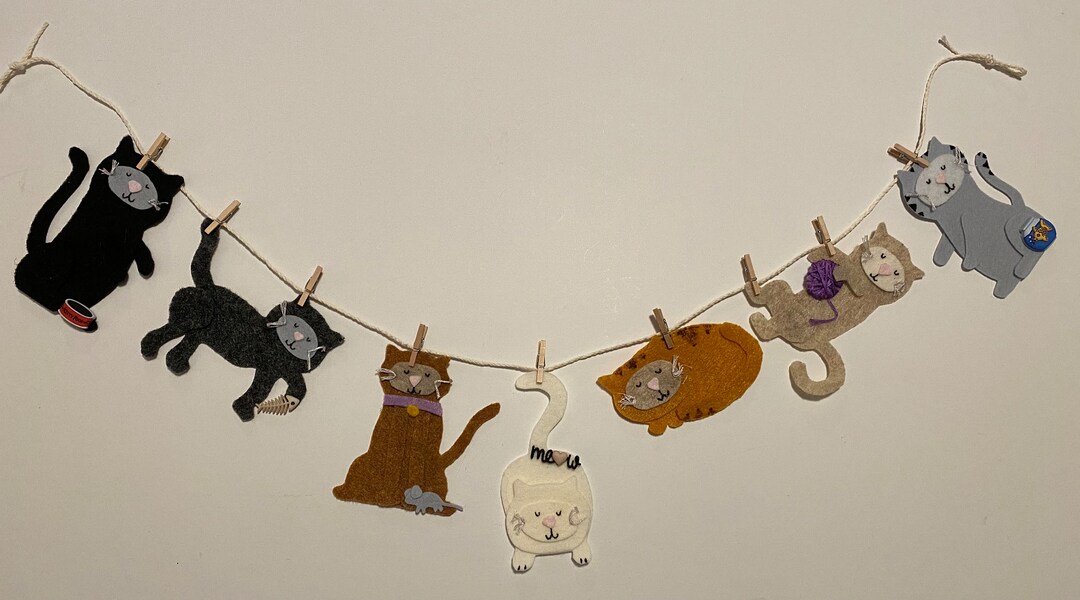 Cat Banner, Miniature Felt Kitten Garland, Feline Wall Hanging ...