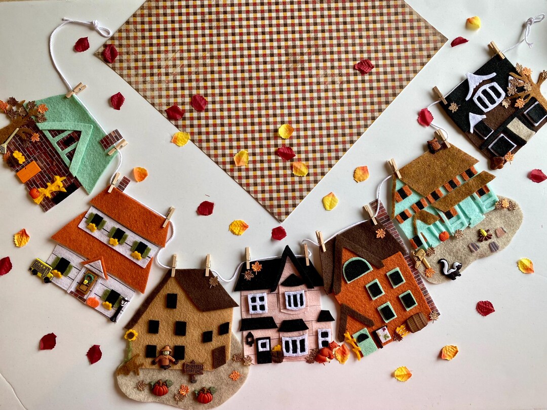 Autumn Houses Village Banner, Fall Town Garland, Cottages Bunting, Felt ...