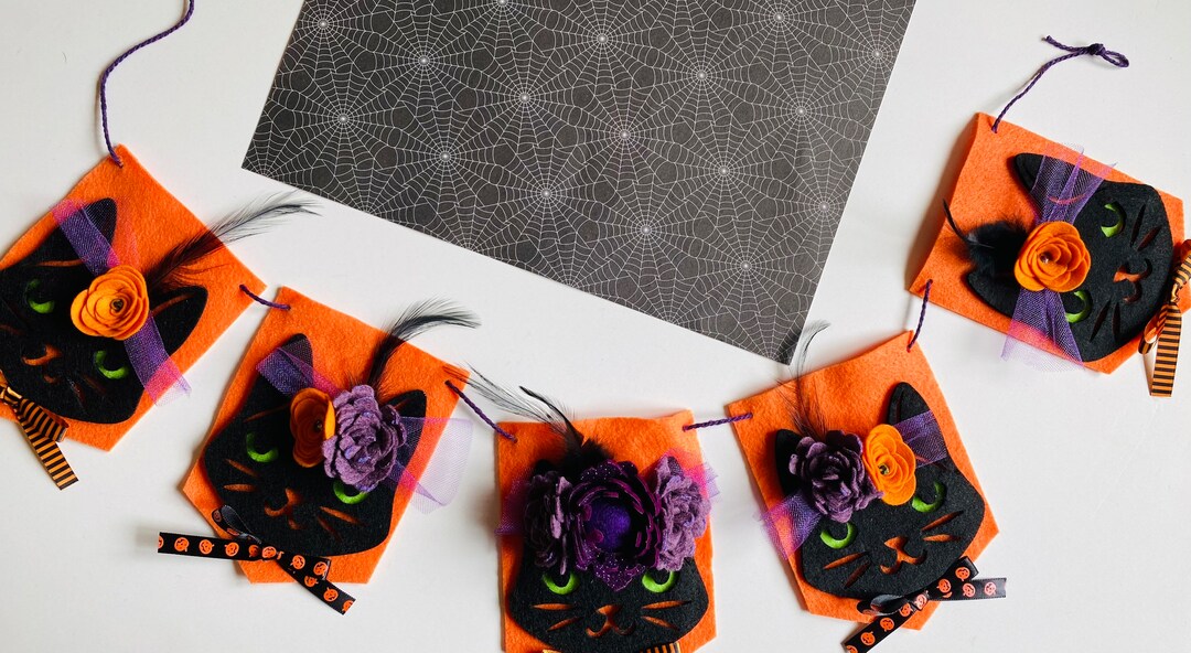 Halloween Cat Flag Pennant Banner With Felt Flowers Garland Bunting ...