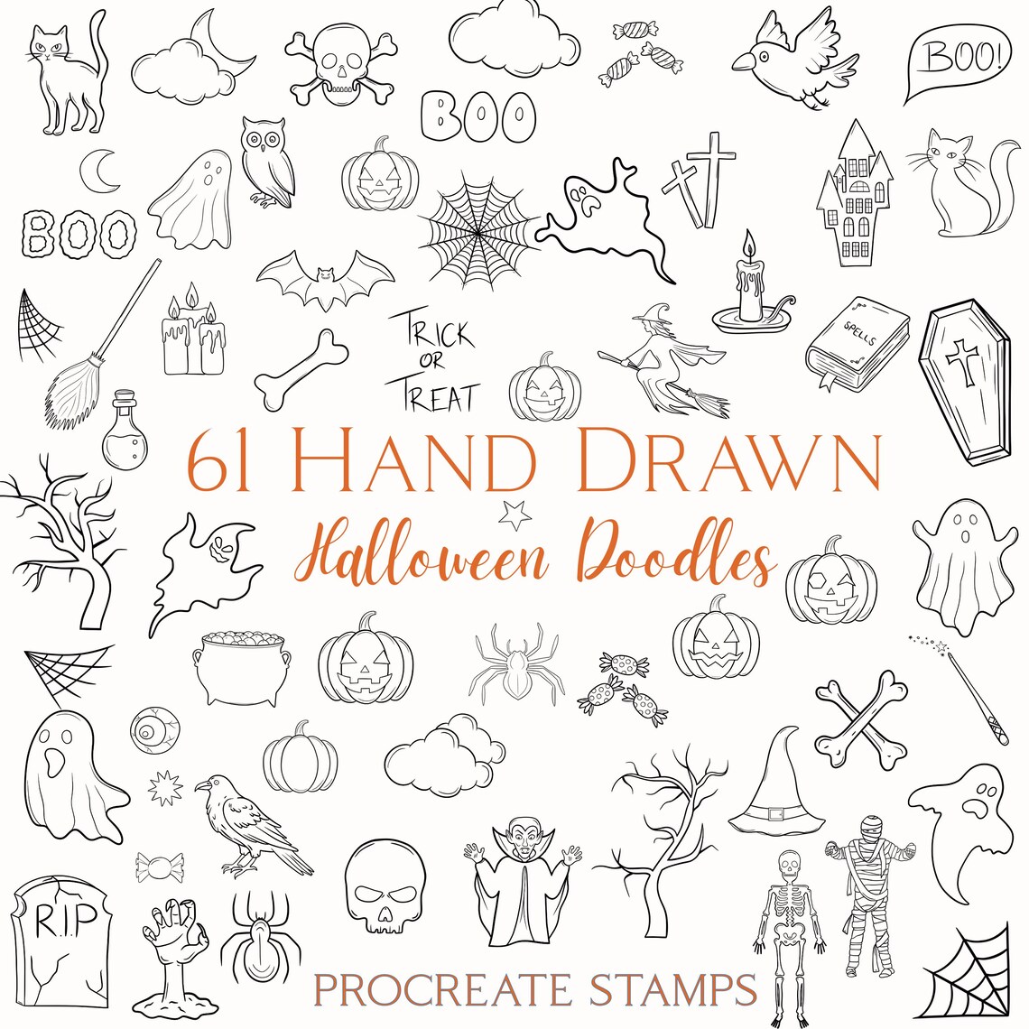 Halloween Procreate Stamp Bundle: Spooky Fine Line Tattoo Art of Ghosts ...