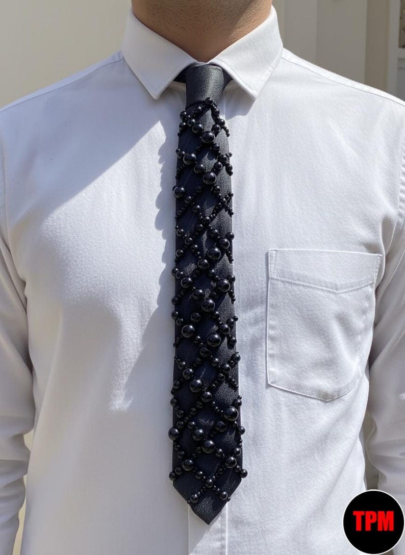 Handmade Beaded Necktie – Elegant Black Pearl Tie for Men & Women ...