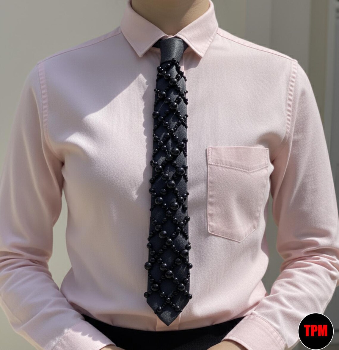 Handmade Beaded Necktie – Elegant Black Pearl Tie for Men & Women ...