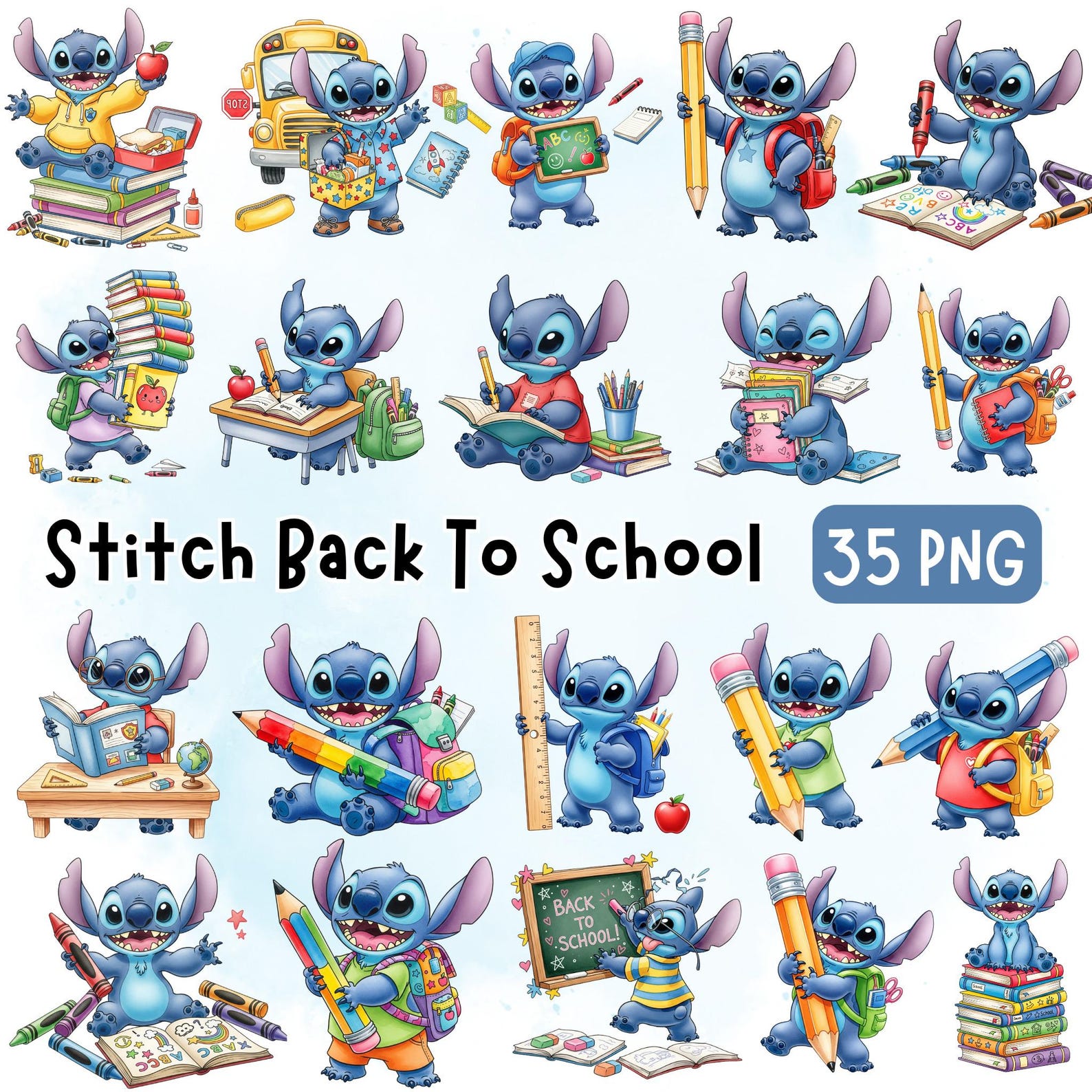 Stitch Back to School Watercolor Clipart, 35 Stitch School PNG, Happy ...