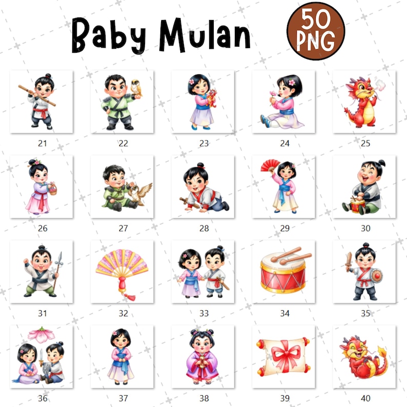 Baby Mulan Cliparts, Cute Mulan Watercolor Cliparts, Mulan Birthday ...
