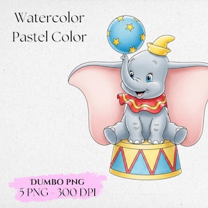 Dumbo PNG Watercolor Cliparts, Cute Dumbo Bundle, Dumbo Birthday, Baby ...