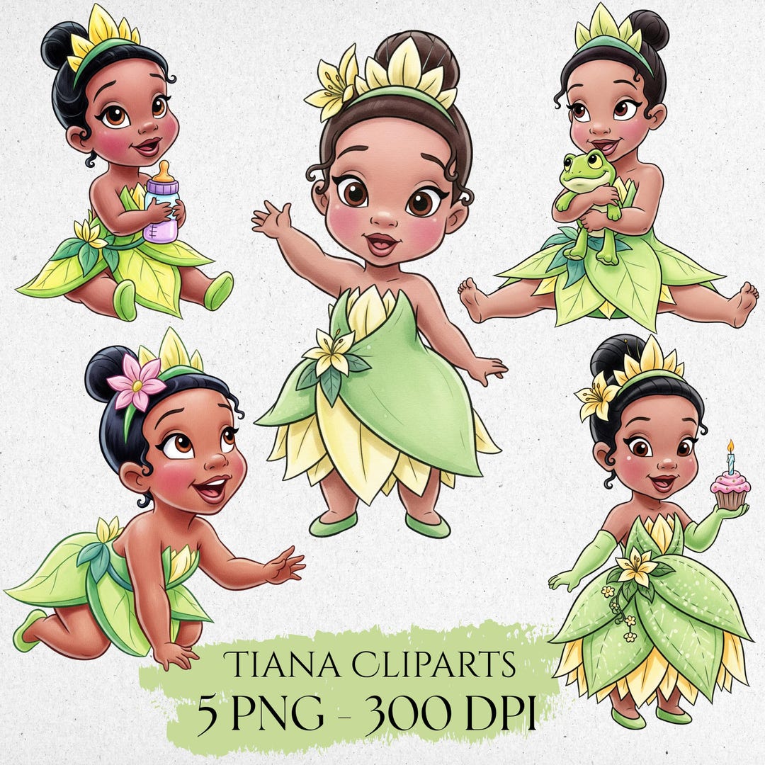 Baby Tiana Clipart PNG, Princess Tiana, Green Dress Crown Cute Girl ...