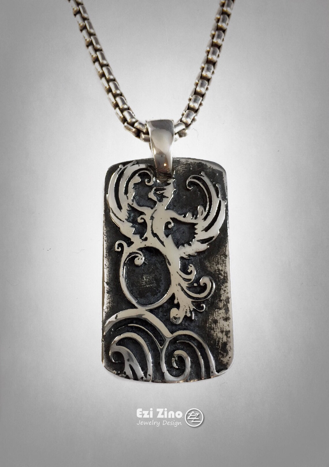 Phoenix Bird Mythology Dog Tag Pendant Solid Sterling Silver 925 by EZI ...