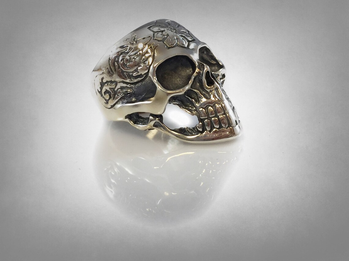 Sterling Silver Ring 925 Sugar Skull Flowers Tattoo Ring | Etsy