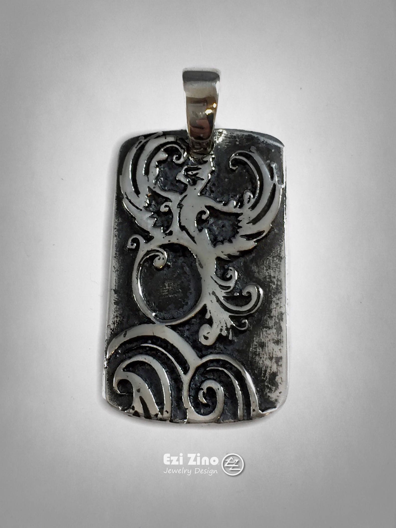 Phoenix Bird Mythology Dog Tag Pendant Solid Sterling Silver 925 by EZI ...