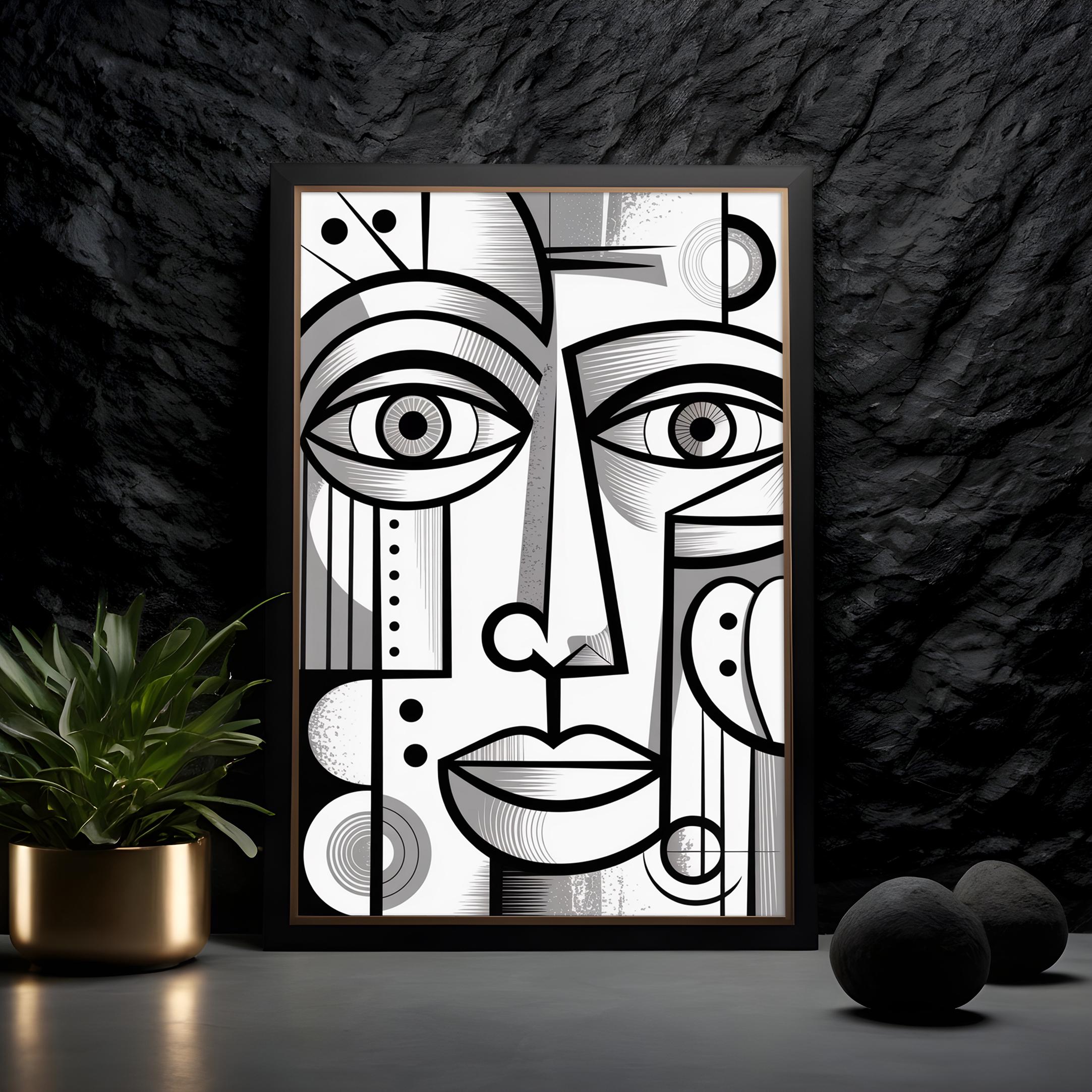 Abstract Black and White Cubist Face Wall Art Print, Modern Minimalist ...