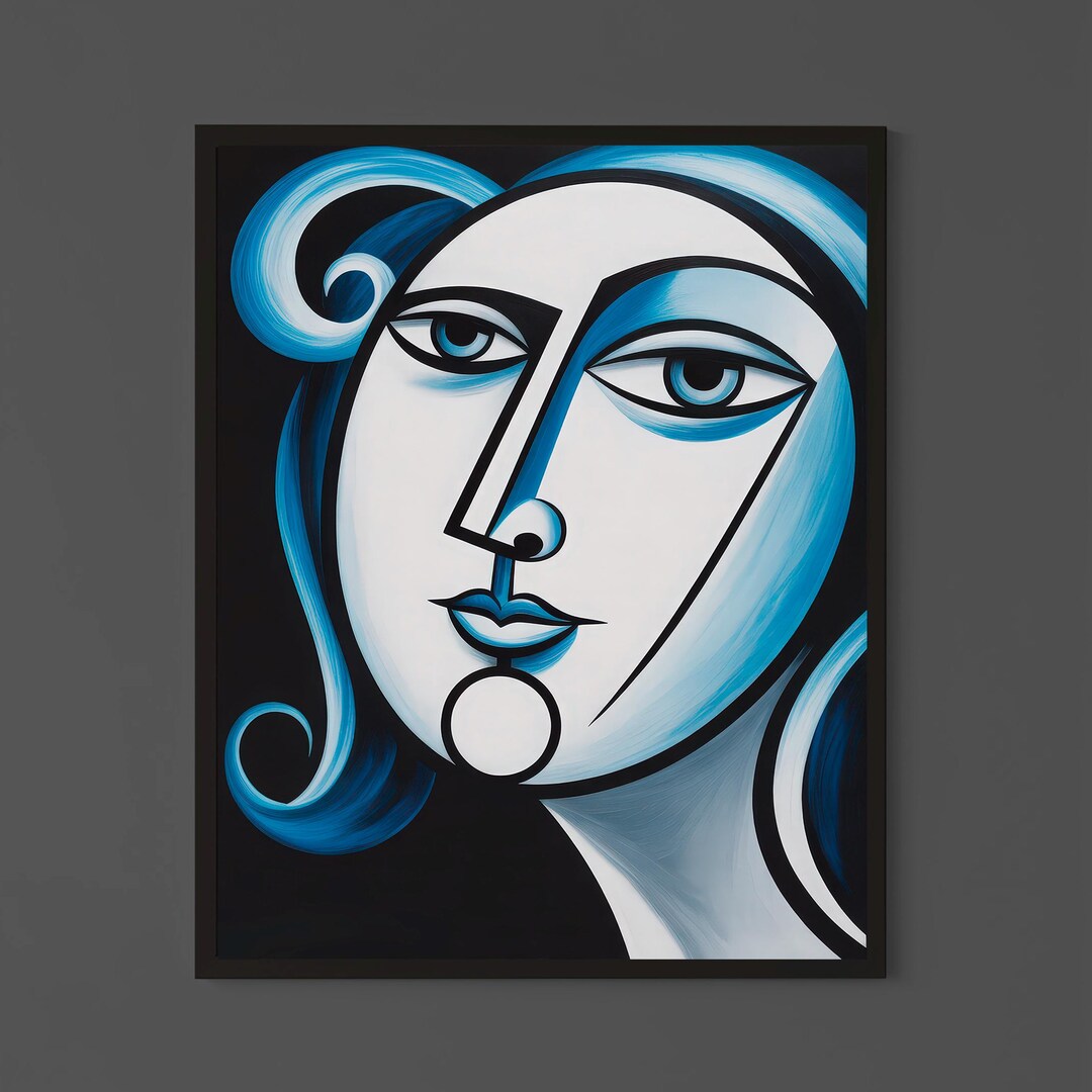 Modern Cubist Woman Portrait Print in Blue Tones | Abstract Minimal ...