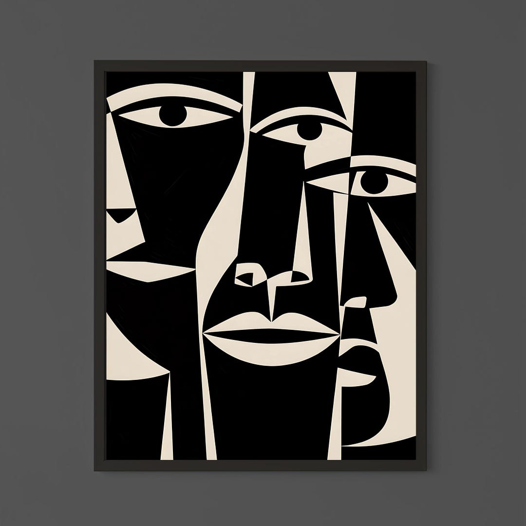 Cubist Faces Printable Wall Art – Bold Black and Beige Abstract ...