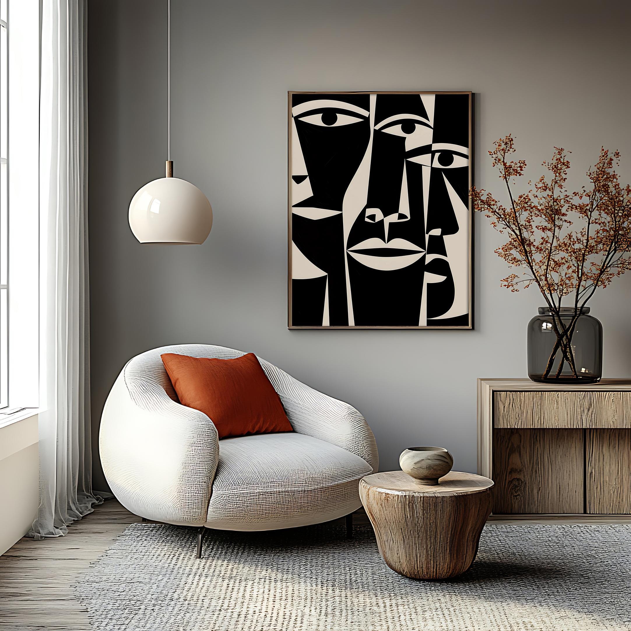Cubist Faces Printable Wall Art – Bold Black and Beige Abstract ...