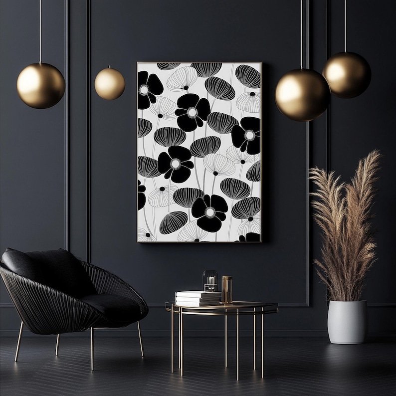 Elegant Black and White Floral Line Art – Monochrome Botanical Wall Art ...