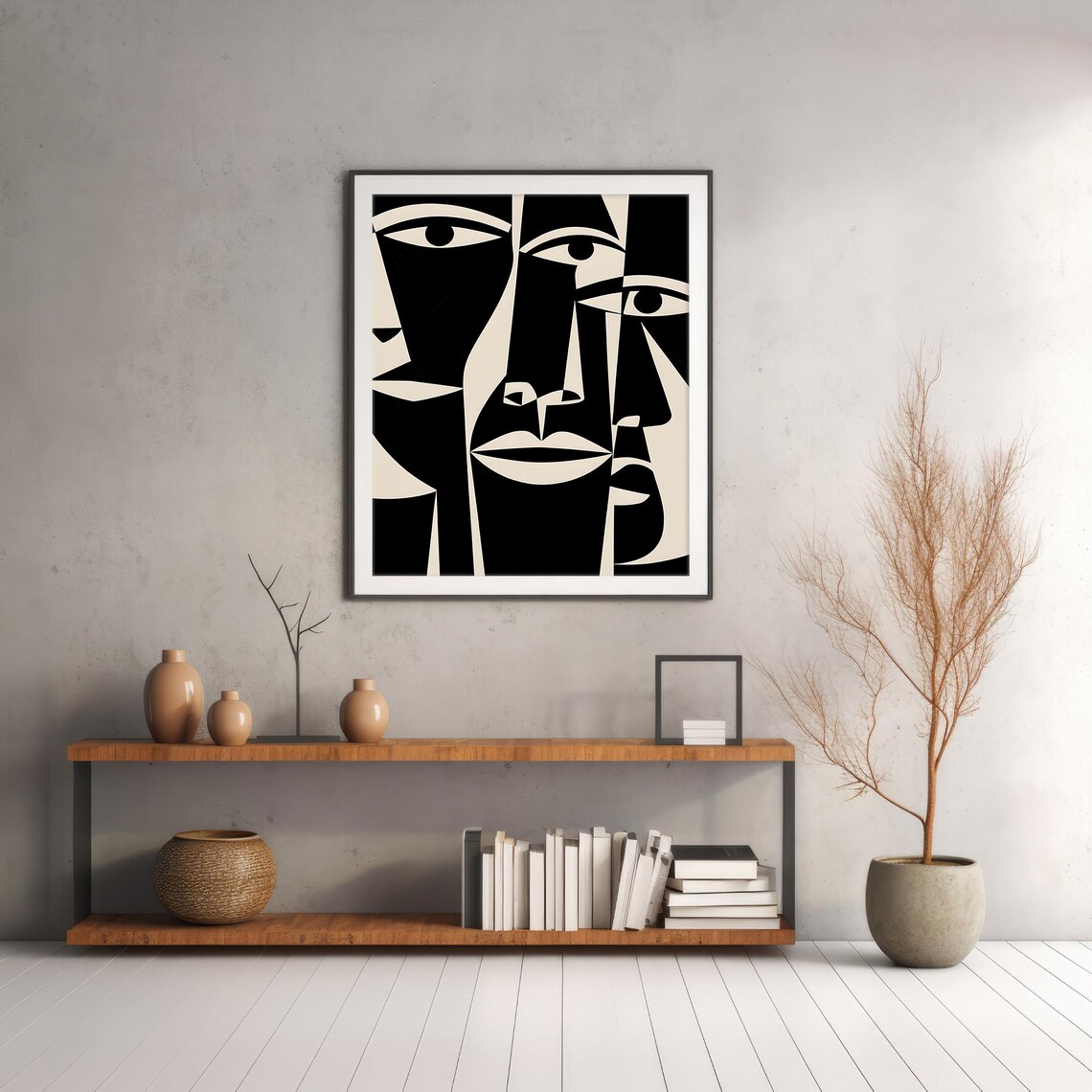 Cubist Faces Printable Wall Art – Bold Black and Beige Abstract ...