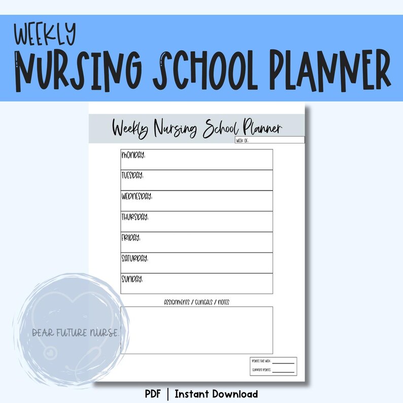 Printable Weekly Planner for Nursing Students, PDF Schedule for ...