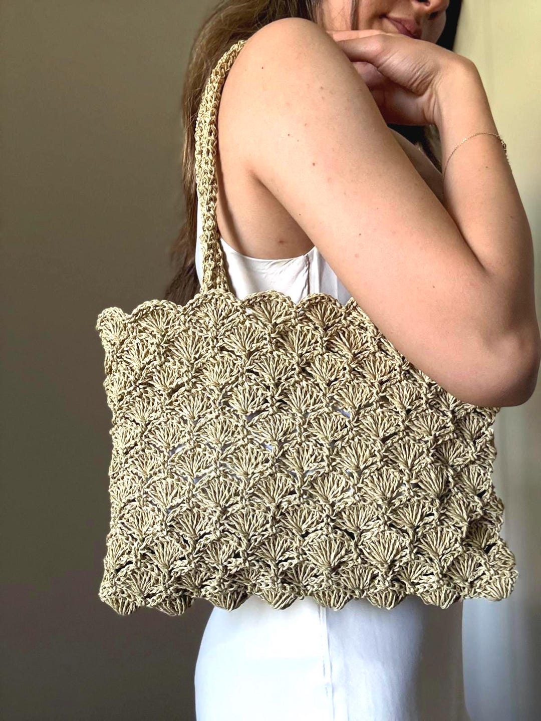 Handmade Raffia Crochet Bag , Shell Stitch Summer Tote ,boho Beach ...