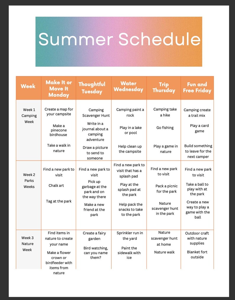 11 Week at Home Summer Camp Plan - Etsy
