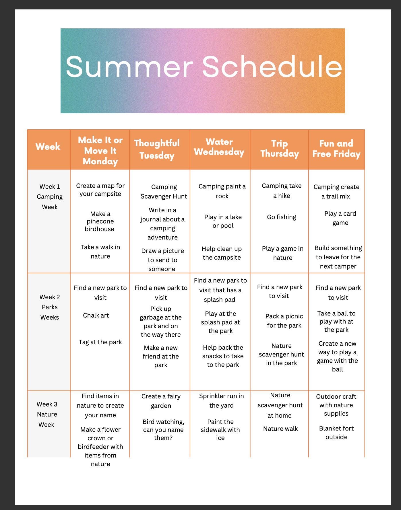 11 Week at Home Summer Camp Plan - Etsy
