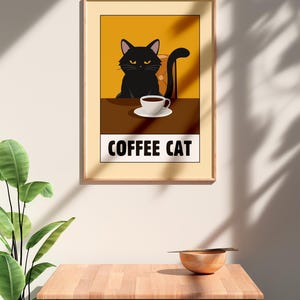 Sleepy Cat at Coffee Table – Minimalist Vector Art Print for Coffee ...