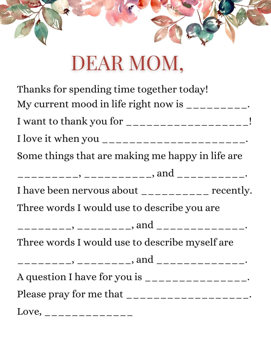 Mother Daughter Conversation Starters: Christian Madlib Activity (PDF ...