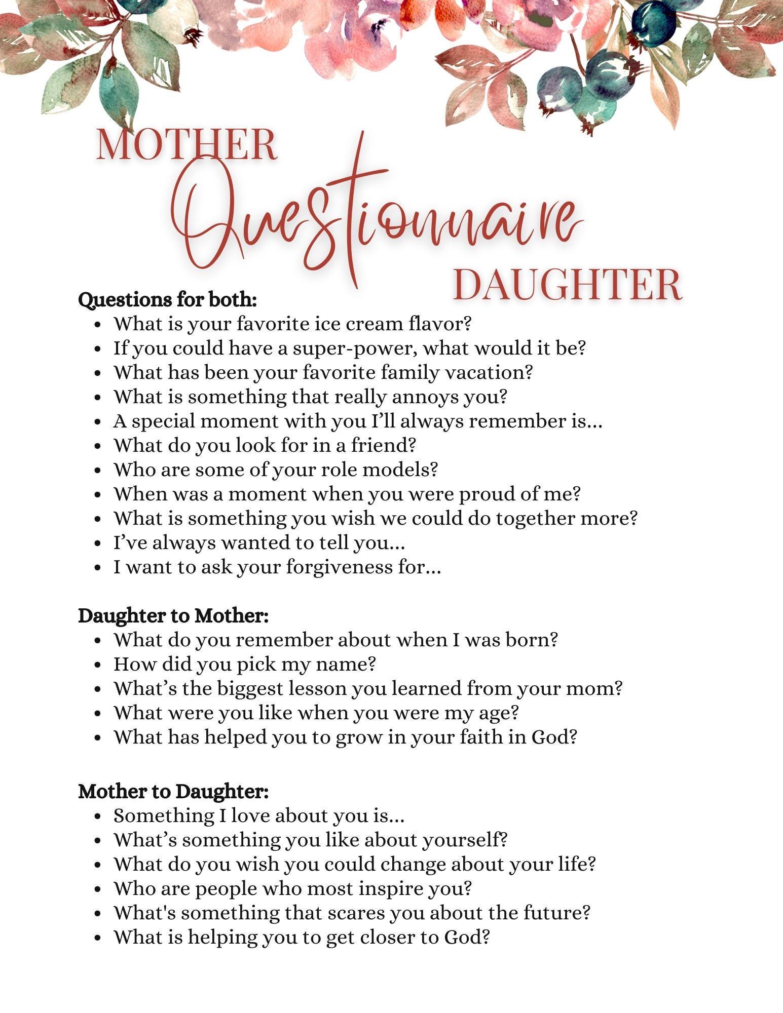 Mother Daughter Conversation Starters: Christian Madlib Activity (PDF ...