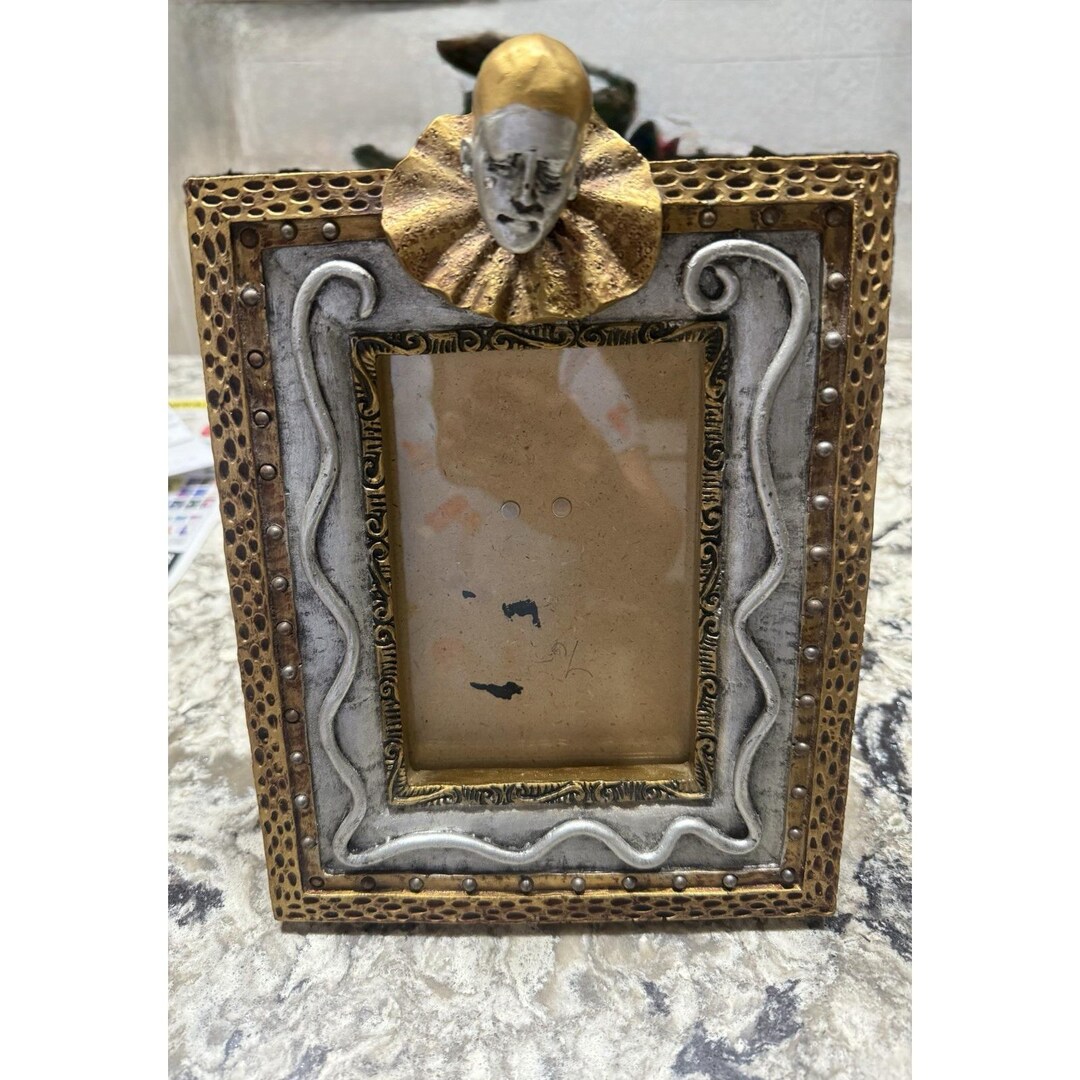 Clown Mime Silver & Gold Picture Frame Heavy Holds 4x6" Art Mardi Gras ...