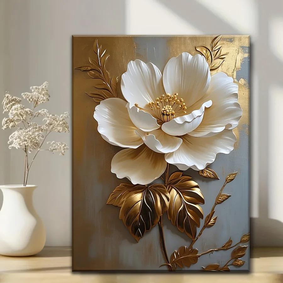 Luxury 3D Floral Wall Art | Gold & White Peony Canvas | Elegant ...