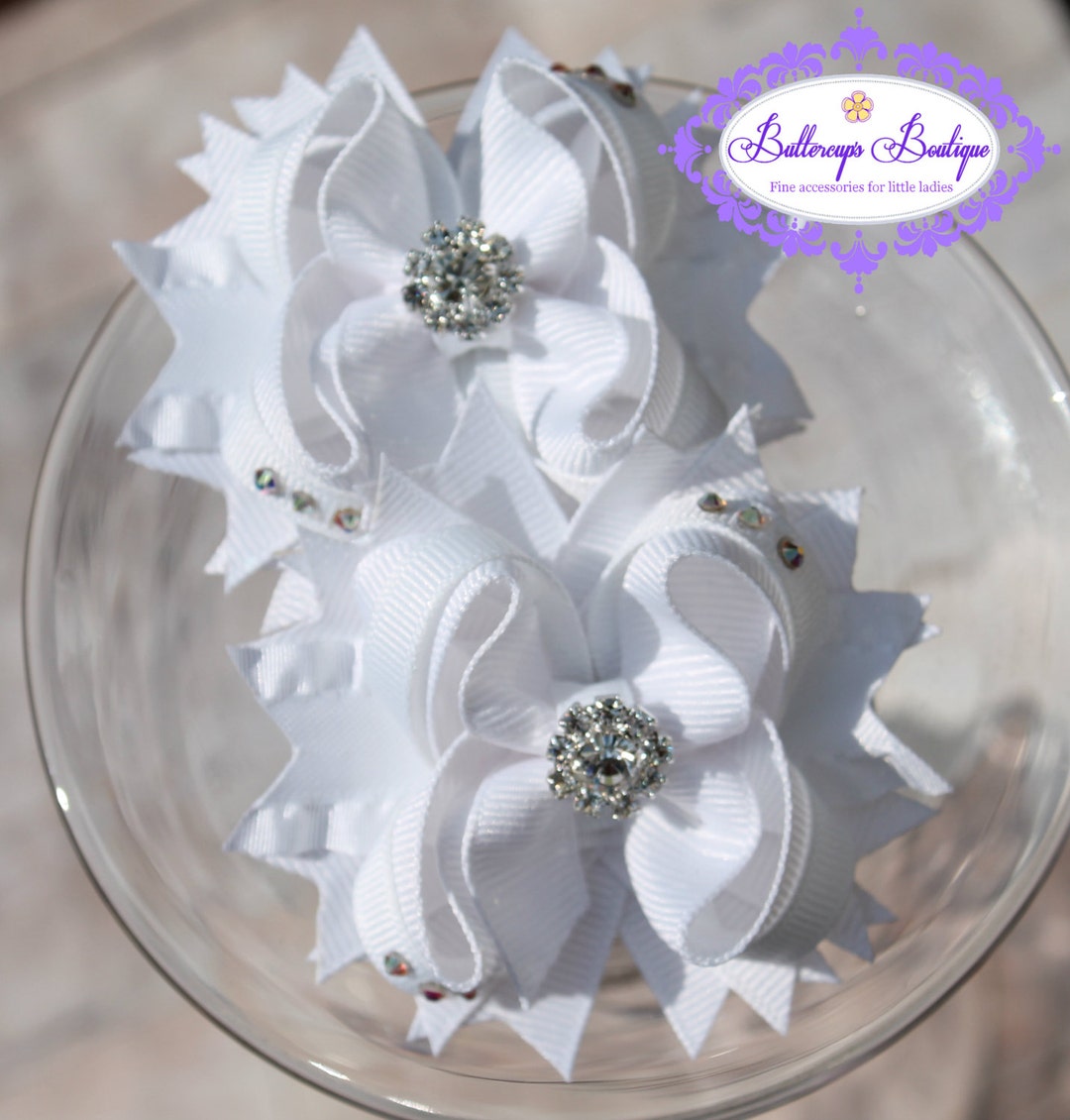 White Hair Bow, White Mini Layered Bow, Small Bow, Bitty Bow, Piggy ...