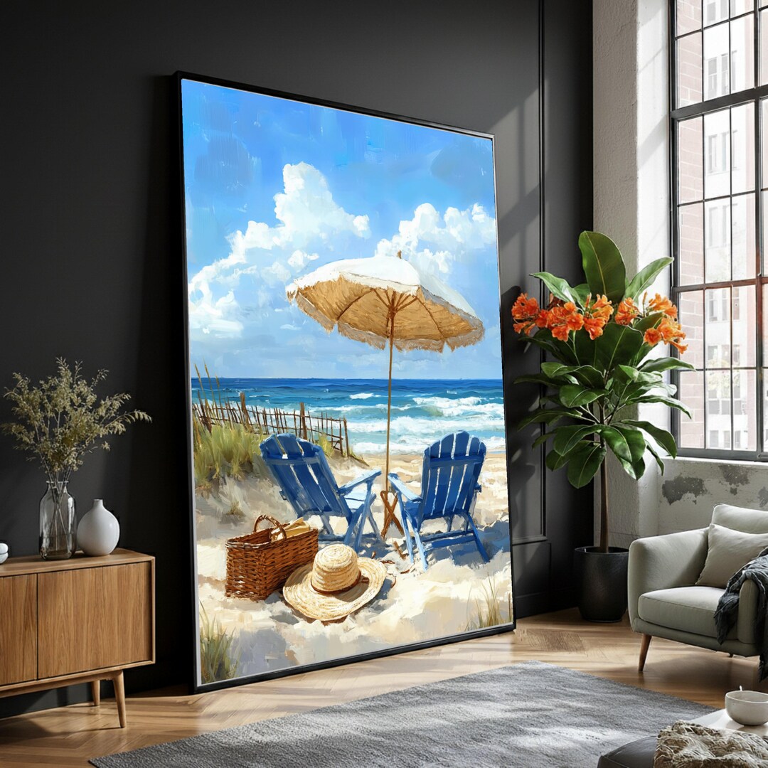 Relaxing Beach Scene Canvas Wall Art, Coastal Summer Vibes, Blue ...