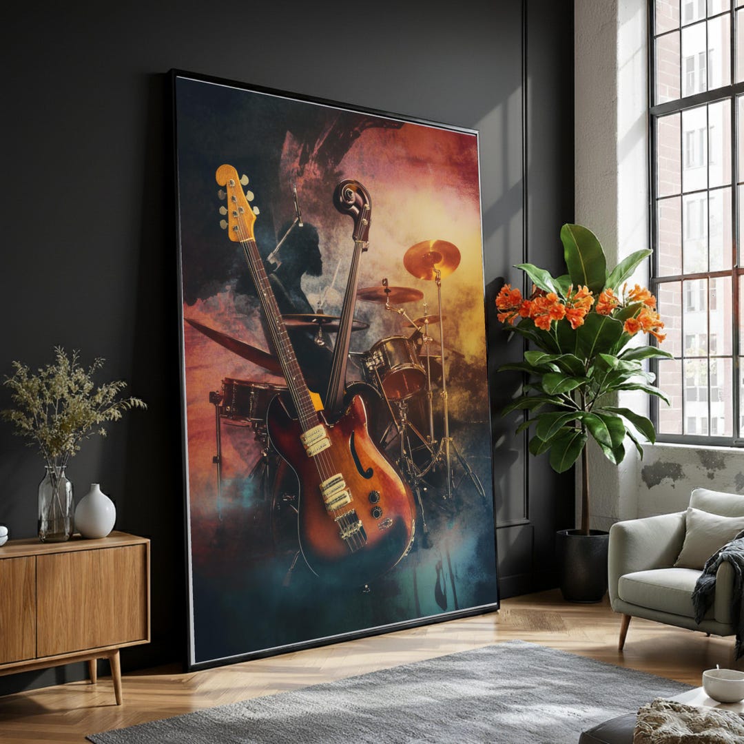 Vintage Electric Bass Guitar and Drum Set Canvas, Jazz Music Instrument ...