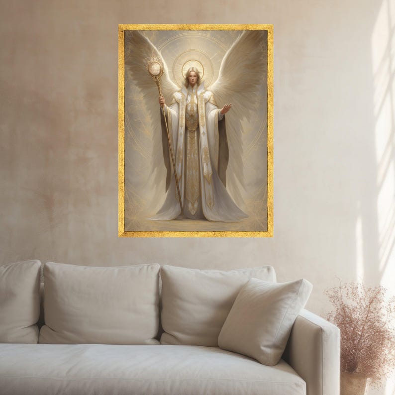 Majestic Archangel Canvas Wall Art, Angelic Figure With Golden Staff ...
