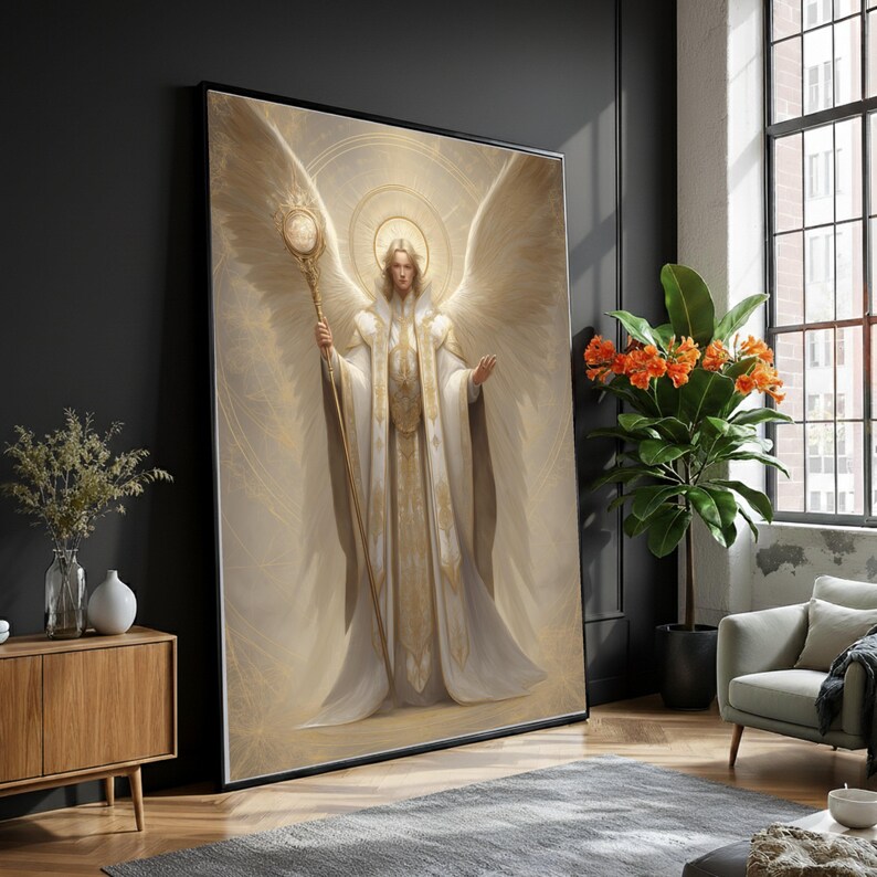Majestic Archangel Canvas Wall Art, Angelic Figure With Golden Staff ...