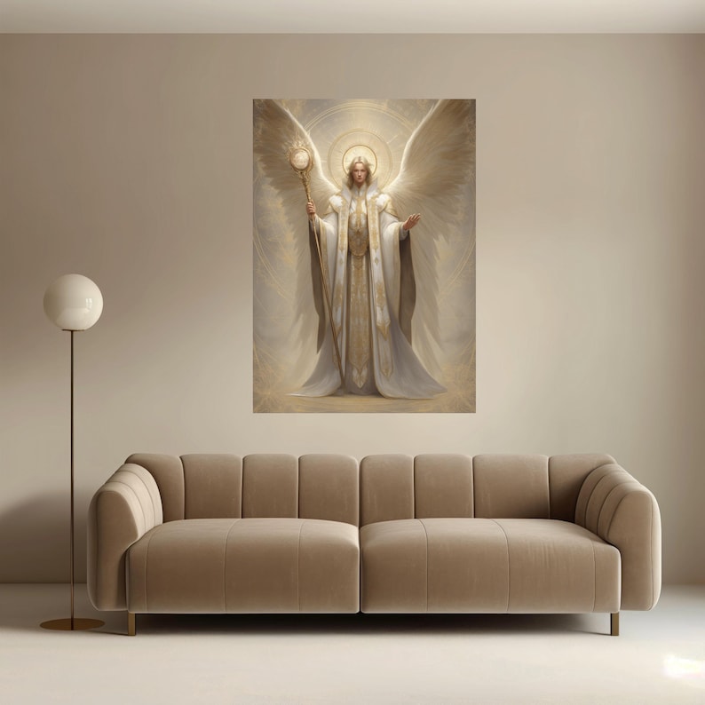 Majestic Archangel Canvas Wall Art, Angelic Figure With Golden Staff ...