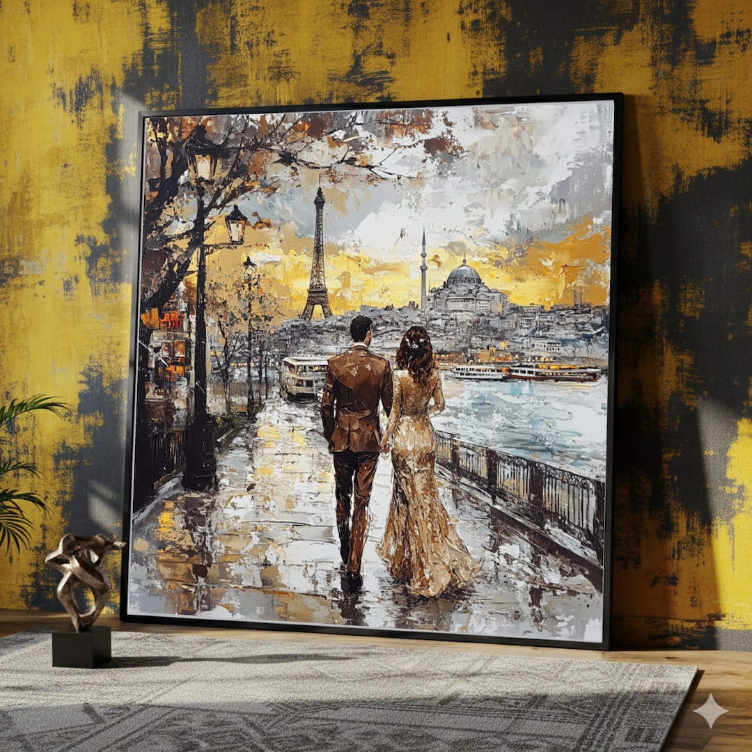 Romantic Evening Stroll Canvas, Couple Walking Art, Cityscape Wall Art ...