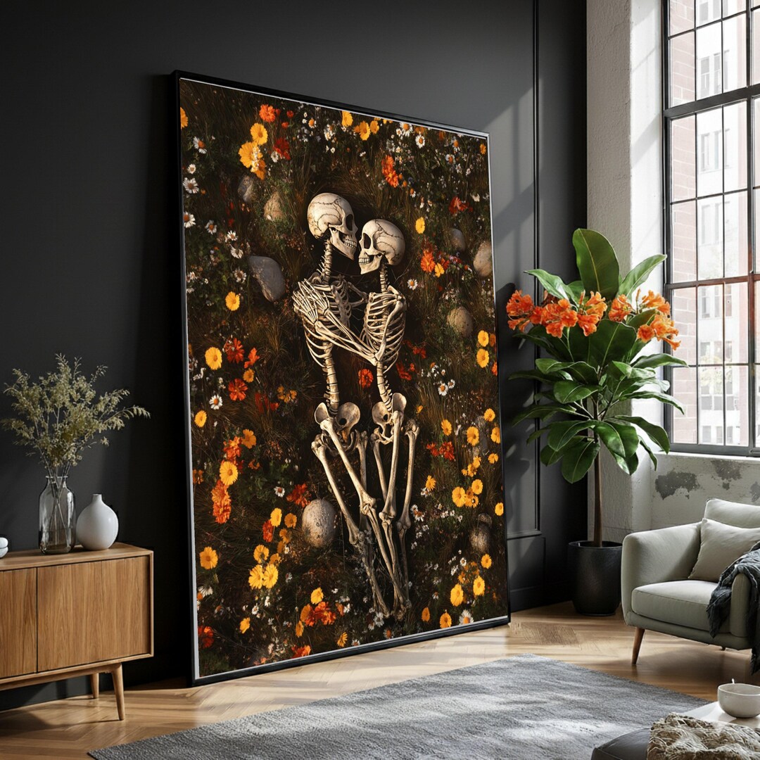 Eternal Love Skeletons Embrace, Romantic Floral Meadow Canvas, Gothic ...