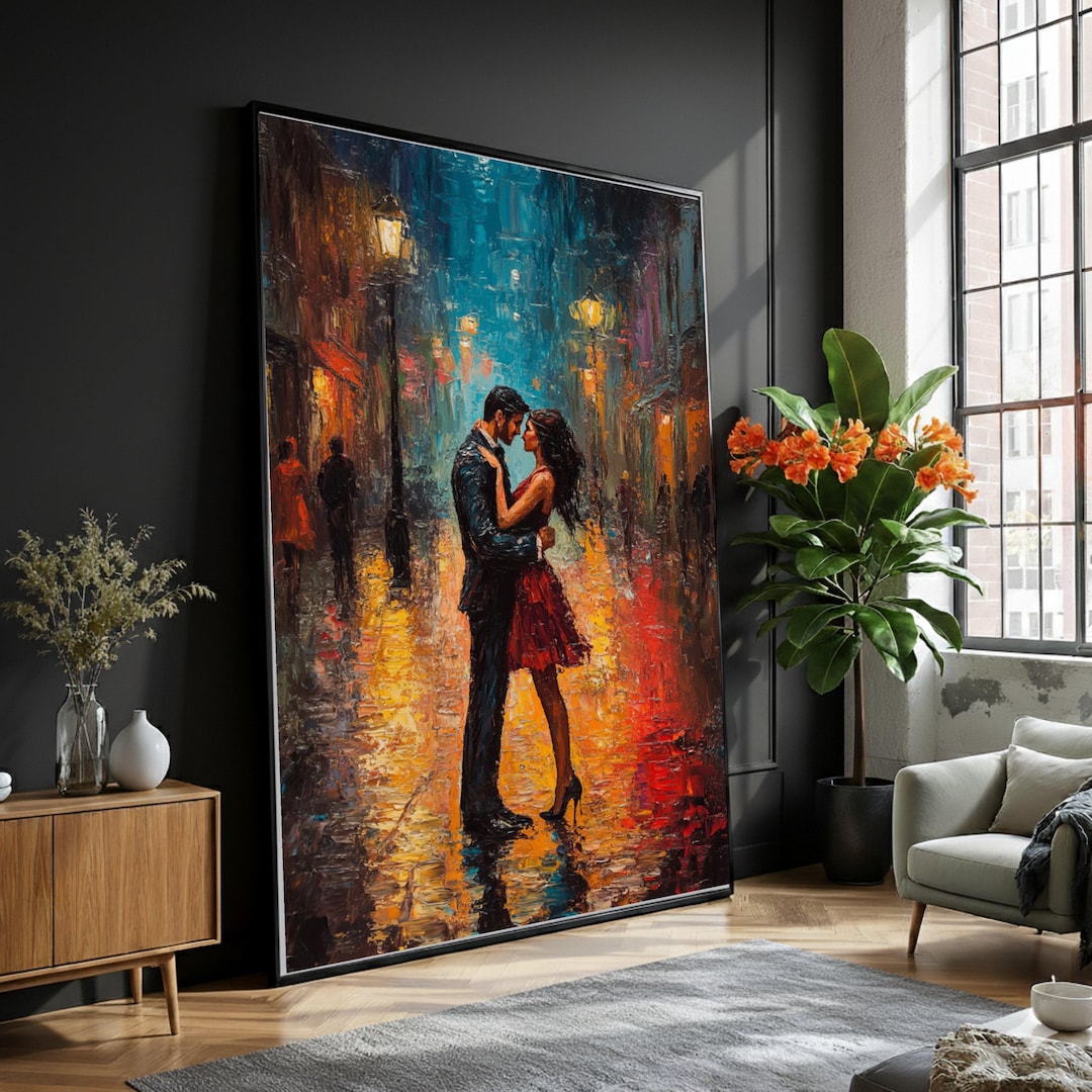 Romantic Couple Embrace Canvas, City Street Night Scene, Impressionist ...