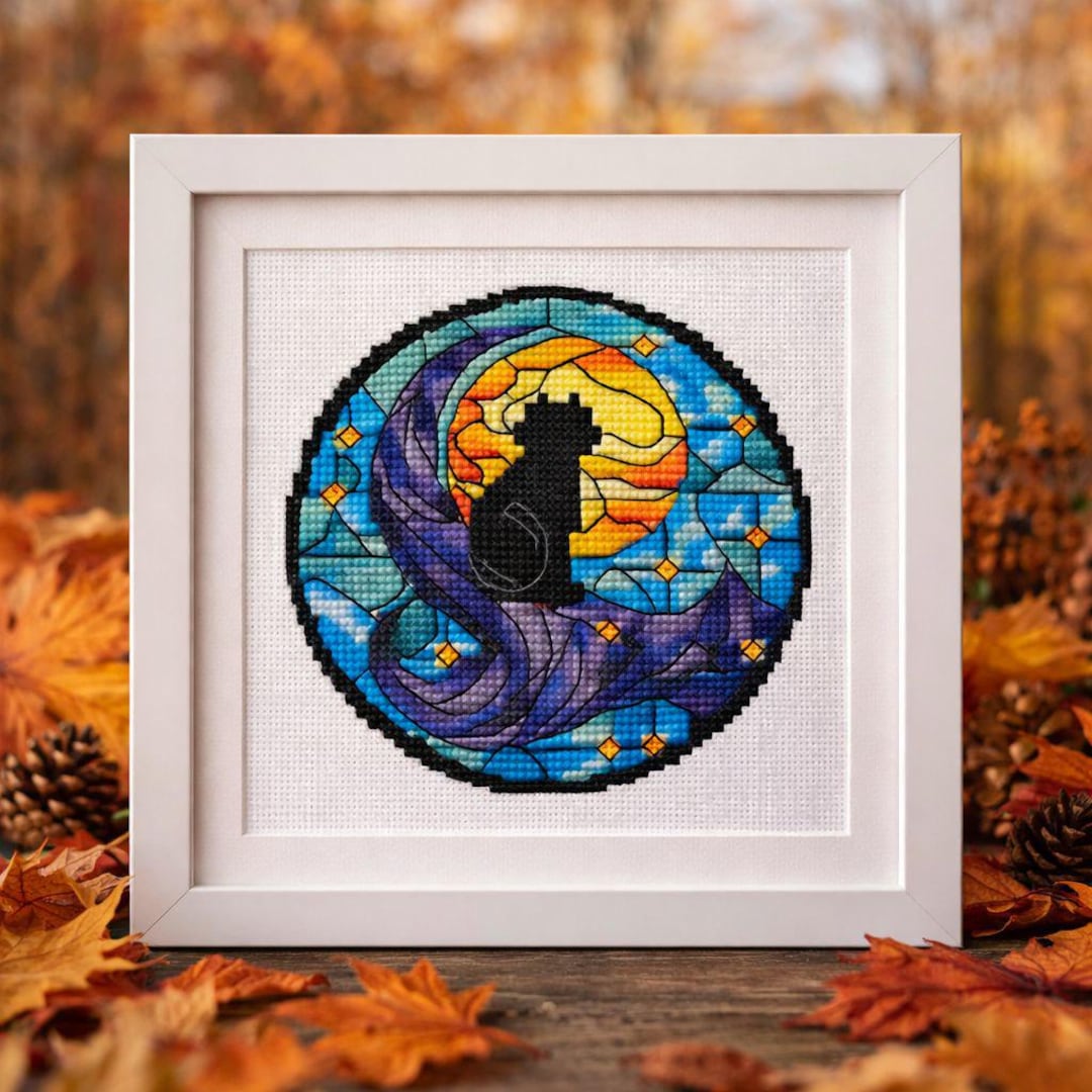 Stained Glass Cat Cross Stitch Pattern, Moon Cat PDF, Modern Circular ...