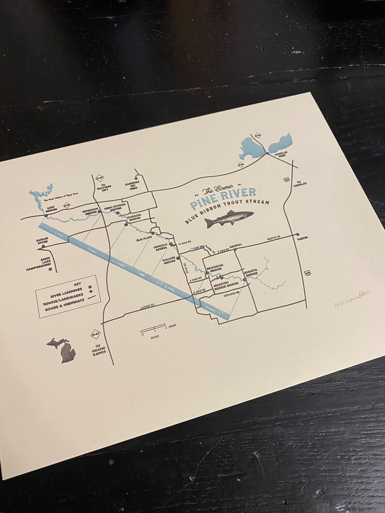 The Pine River Map Letterpress Print - Etsy