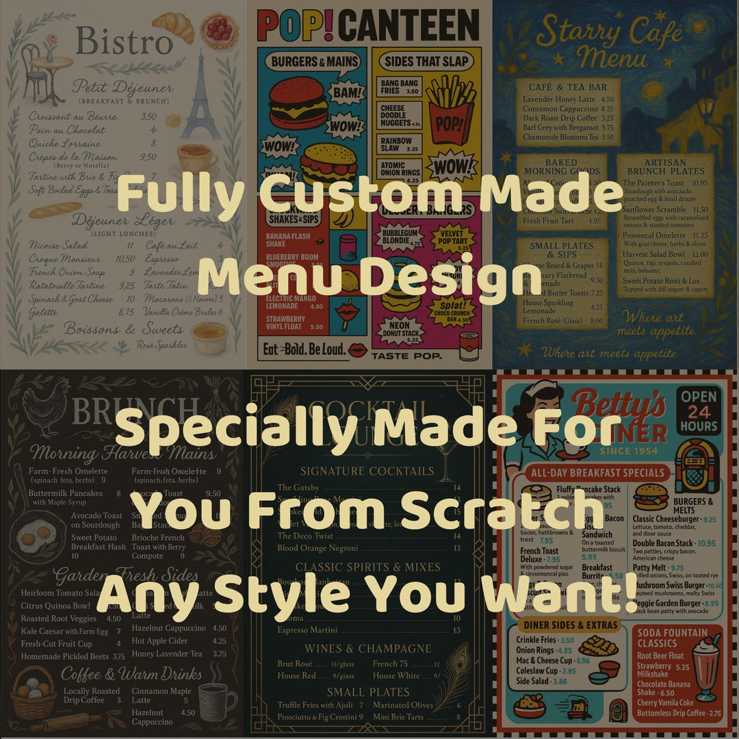 Fully Personalized Menu Design | Choose Style, Items and Prices | for ...
