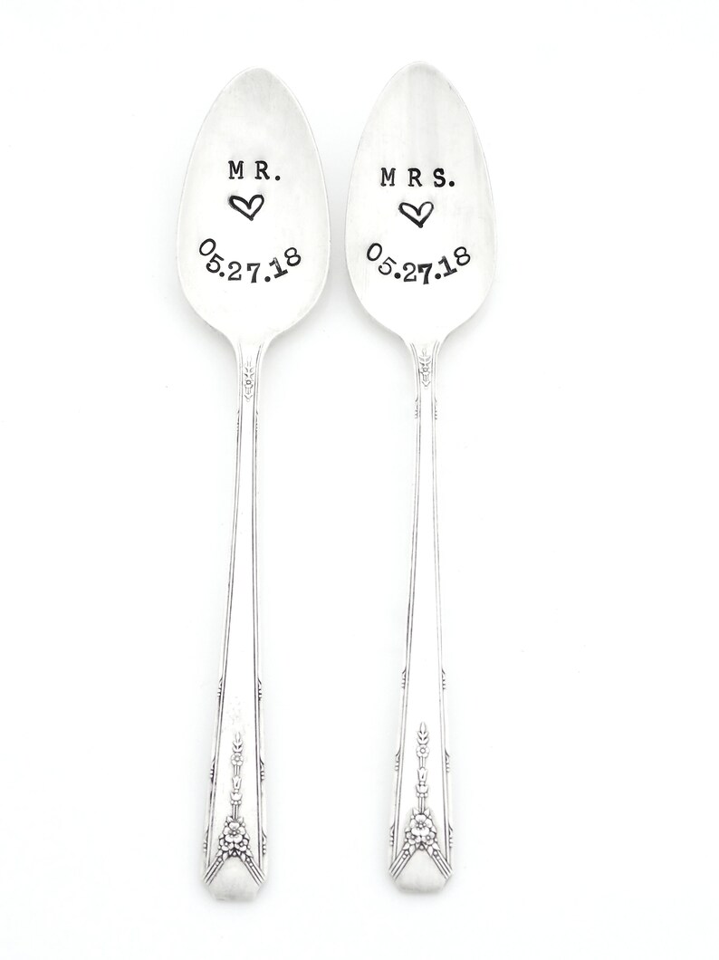 Mr. & Mrs. hand stamped spoons personalized with wedding | Etsy