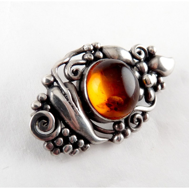 Art Nouveau Style Sterling & Amber Pin With Grapes Flowers | Etsy